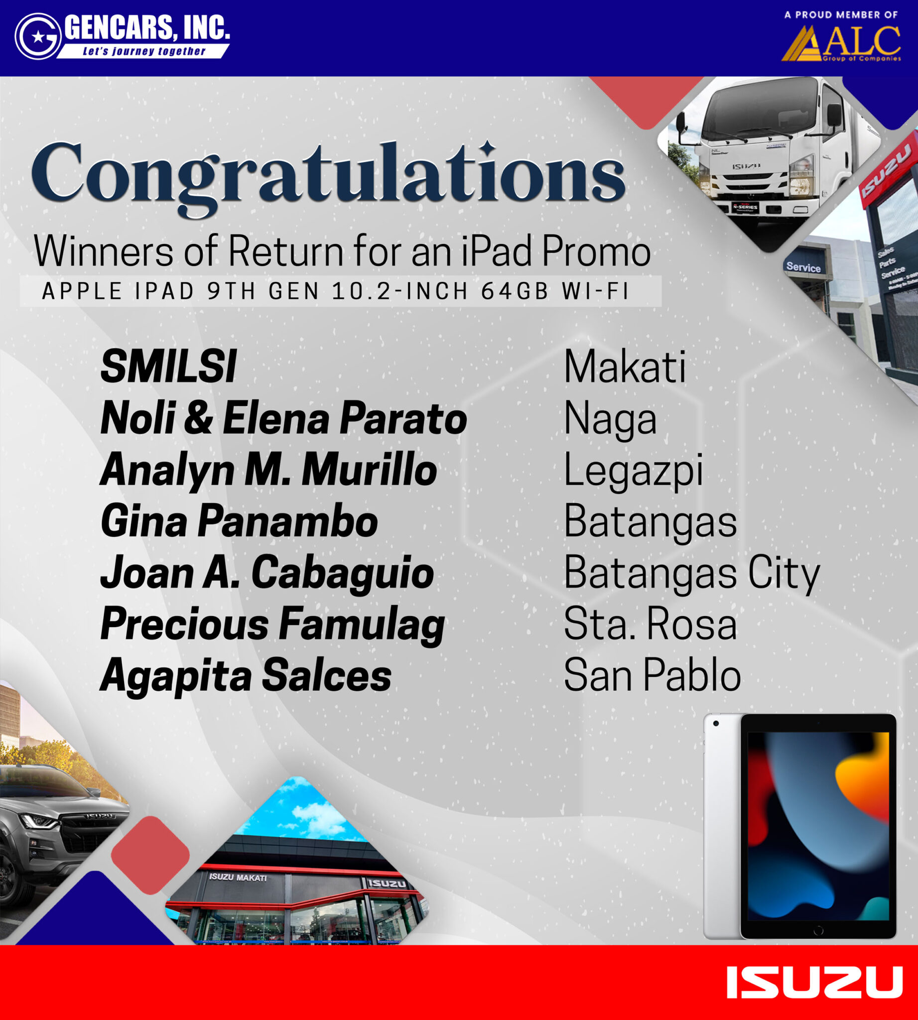 RAFFLE WINNERS | Return for an iPad Promo | Gencars, Inc.